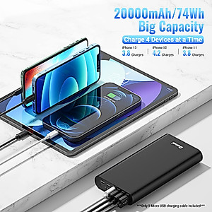 BONAI Portable Charger 20000mAh Power Bank 4 USB Output & Dual Input, Aluminum Polymer External Battery Pack for Road Trip Camping Compatible with iPhone iPad Samsung Smartphone Tablet etc. - Black