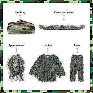 ANZOME 5in1 Kids Ghillie Suit, 3D Kid Camo Hunting Clothes Youth Gilly Suits with Carry Bag+Hood+Gillie Sniper Suit for Shooting Game, Halloween Costume Outfit for 4.5-5ft