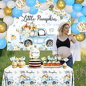 Little Pumpkin Baby Shower Decorations for Boy, A Sweet Little Pumpkin Is on the Way Blue Backdrop Balloon Garland Kit for Fall Autumn Thanksgiving Baby Shower Background Party Supplies