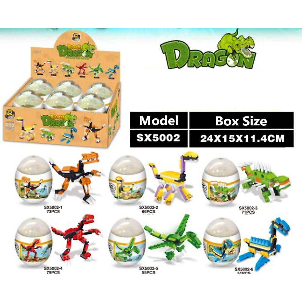 HOCHE 6 Pack Dinosaur Eggs Building Blocks Toys Set Good Gift for Kids, Easter Eggs