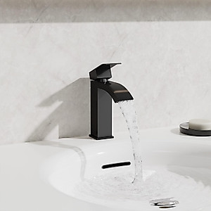 Phiestina Matte Black Waterfall Single Handle One Hole Bathroom Sink Faucet, Square Single Hole Basin Faucet with Metal Pop-up Drain with Overflow and Water Supply Line, BF01049-N1-MB