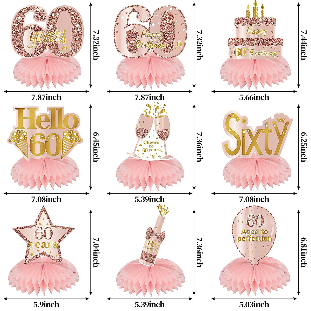 Turypaty Pink Rose Gold 60th Birthday Honeycomb Centerpieces Decorations for Women, 9Pcs Rose Gold Happy 60th Birthday Table Centerpieces Party Supplies, Sixty Year Old Birthday Table Toppers Decor