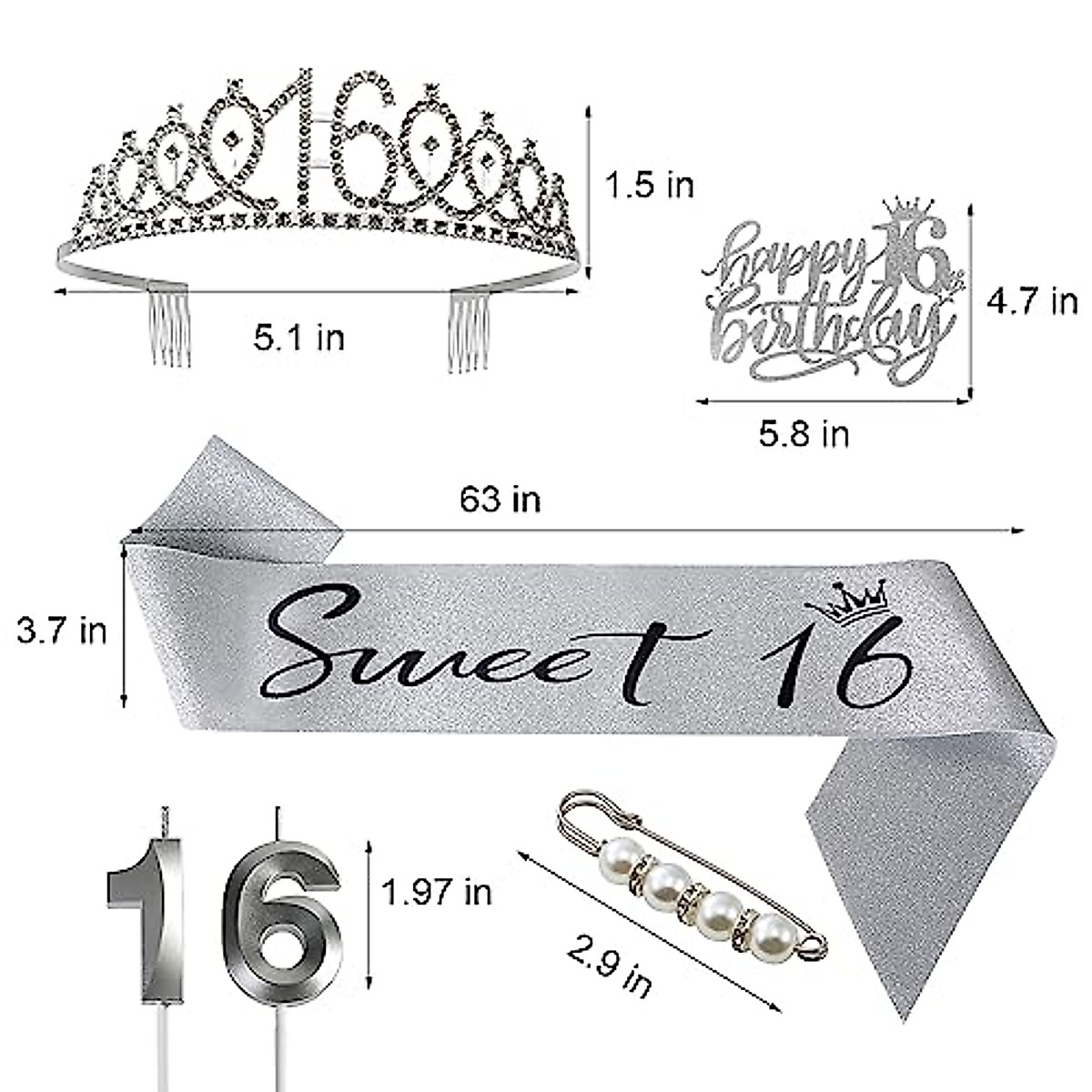 16th Birthday Decorations for Girls，Silver 16 Birthday Crown Tiara ，Cake Topper, Birthday Sash with Peal Pin and Birthday Candles Kit,16th Birthday Gifts for Girls