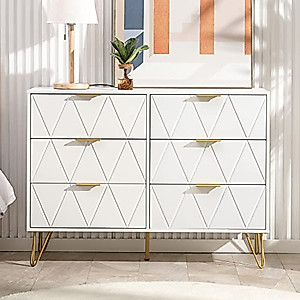 Betterhood 6 Drawer Dresser,White Dresser for Bedroom, Wood Chest of Drawers with Diamond Board & Gold Metal Handles for Bedroom,Living Room,Closet Hallway (White)