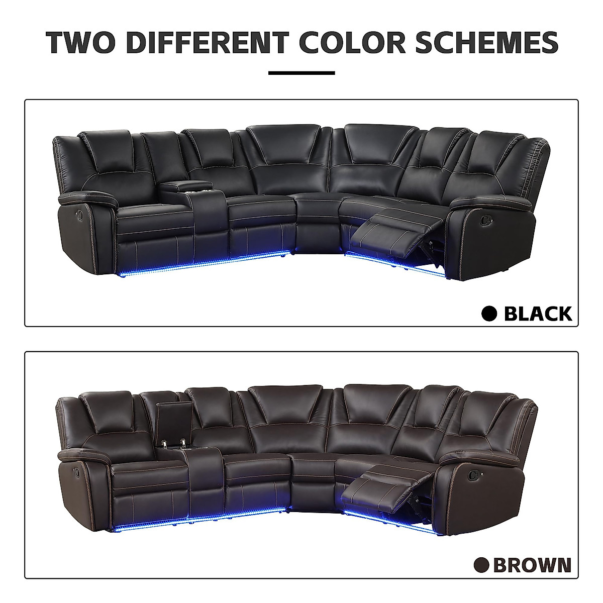 Yoglad Sectional Sofa with Recliner Manual Reclining Sectional Sofa with LED Lights Faux Leather Couch with Center Console/Cup Holders for Living Room, Home Theater, Black 102.4" Dx 97.6" W