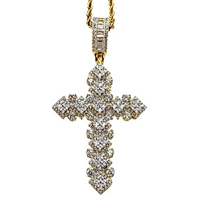 Custom Cross Men Women 925 Italy Gold Finish Iced Silver Charm Ice Out Pendant Stainless Steel Real 3 mm Rope Chain , Mans Jewelry, Iced Pendant, Rope Necklace 16"- 24" (24" Chain + Pendant Set)