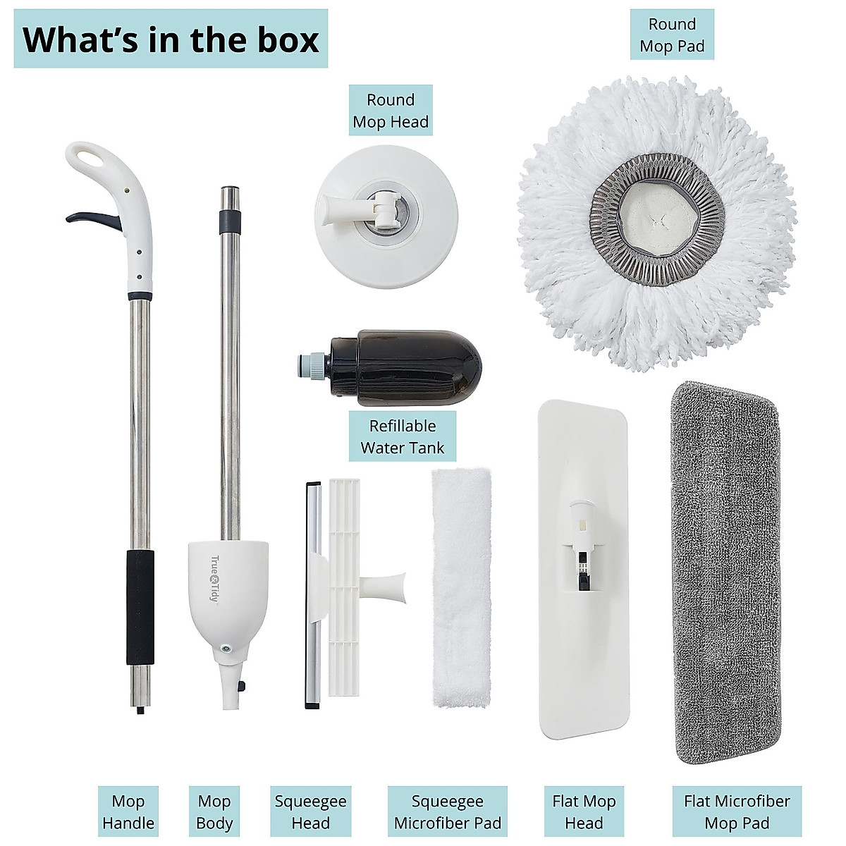 True & Tidy Clean Everywhere Spray Mop Kit Premium Floor Spray Mop - Includes Flat Mop Head, Round Mop Head, Squeegee Mop Head, Refill with Any Cleaning Solution, Machine Washable Mop Pads