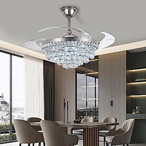 Clody 42'' Crystal Fandelier Ceiling Fan with Lights, Modern Chandelier Ceiling Fans with 3 Color LED Panel 6 Speed Quiet Motor Retractable and Reversible Blades Fan for Indoor