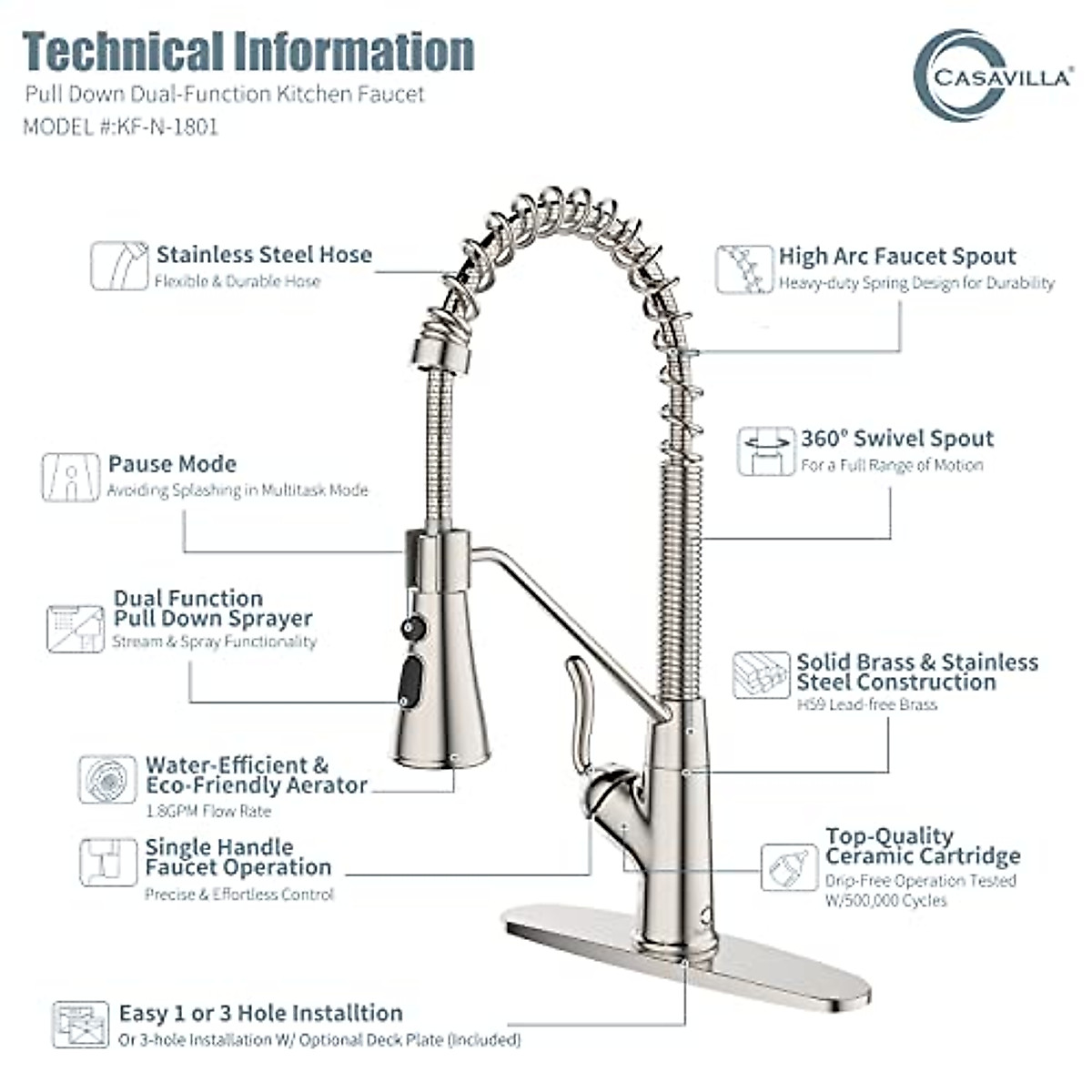Kitchen Faucet with Soap Dispenser,Single Handle Faucet for Camper Farmhouse RV Kitchen Sink,Spring Kitchen Sink Faucets with Pull Down Sprayer and Deck Plate,Three-Function Spray Head, Brushed Nickel