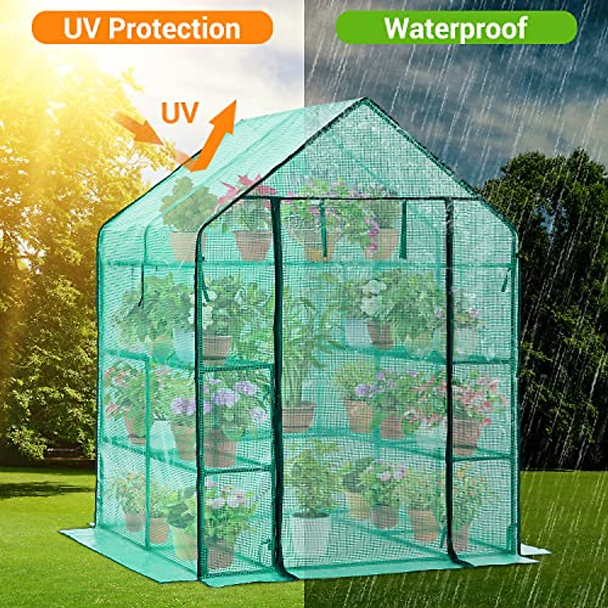 Greenhouse for Outdoors with Screen Windows, Ohuhu Upgraded 4 Tiers 11 Shelves Walk-in Greenhouses with Durable PE Cover, Outside Garden Plastic Green House with Ground Pegs & Ropes for Stability