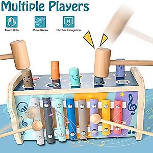 KIDWILL Wooden Hammering Pounding Toy for 12+ Months Kids, Montessori Toys for 1+ Year Old Babies, Early Development Toy with Pounding Bench, Xylophone, Number Sorting Maze, Gifts for Toddlers Age 1-2