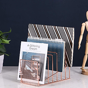 Simmer Stone Incline File Sorter, 7 Slot Magazine Holder for Letter, Document, Folder and Book, Metal Desktop Organizer Rack for Home, School and Office, Rose Gold