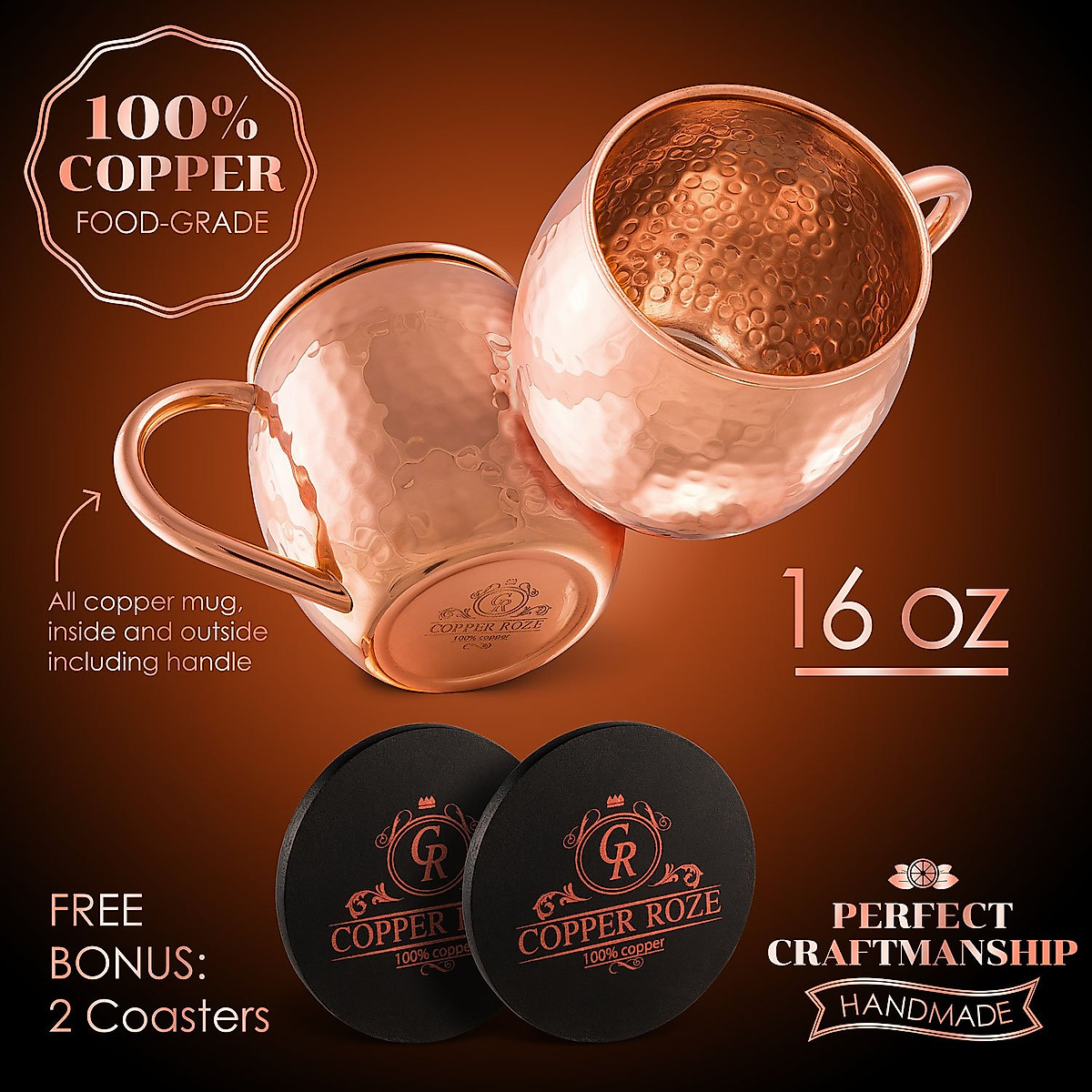 KoolBrew Copper Roze Moscow Mule Copper Mugs Gift Set of 2 Copper Mule Mugs and 2 Coasters, 100% Pure Solid Copper Cups with Hammered Finish