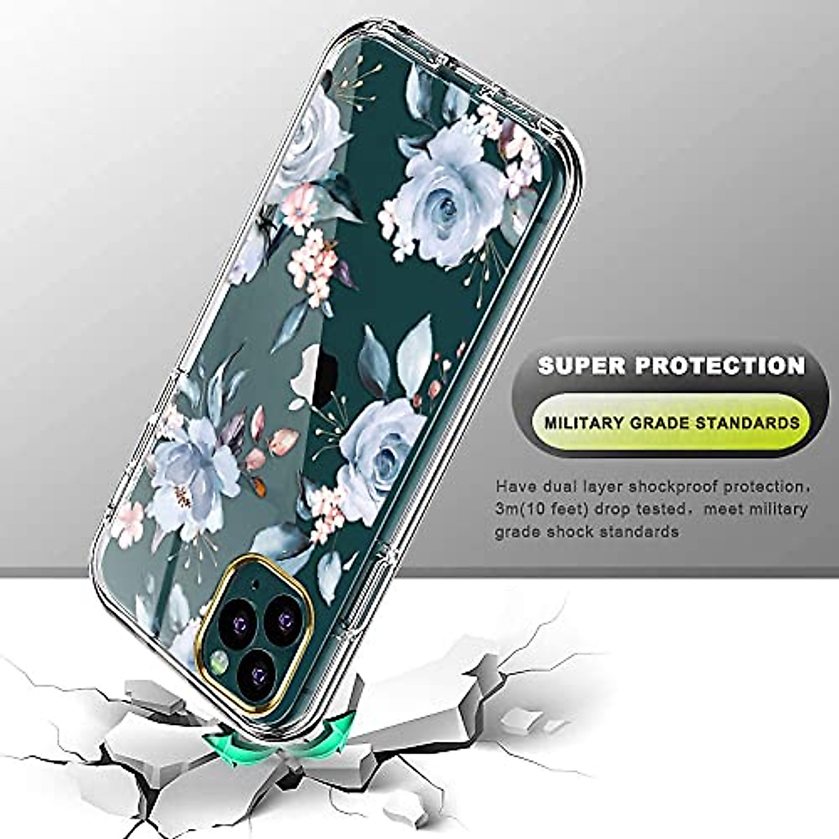 luolnh iPhone 11 Pro Max Case,iPhone 11 Pro Max Cute Case with Flowers,for Girly Women,Shockproof Clear Floral Pattern Hard Back Cover for iPhone 11 Pro Max 6.5 inch 2019 -Blue