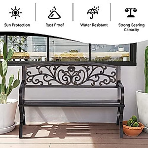 Sophia & William 50‘’ Outdoor Garden Bench Patio Park Bench, Cast Iron Metal Frame Furniture with Floral Design Backrest for Porch Yard Lawn Deck, Bronze