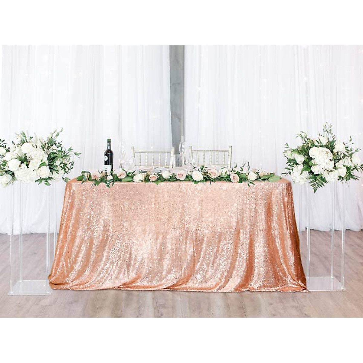 PartyDelight Rose Gold Sequin Wedding Tablecloth 50 by 50 Inch Square Polyester Sequin Overlay, Shiny Sequin Quality Tablecloth for Special Event Or Party（Rose Gold，50x50）