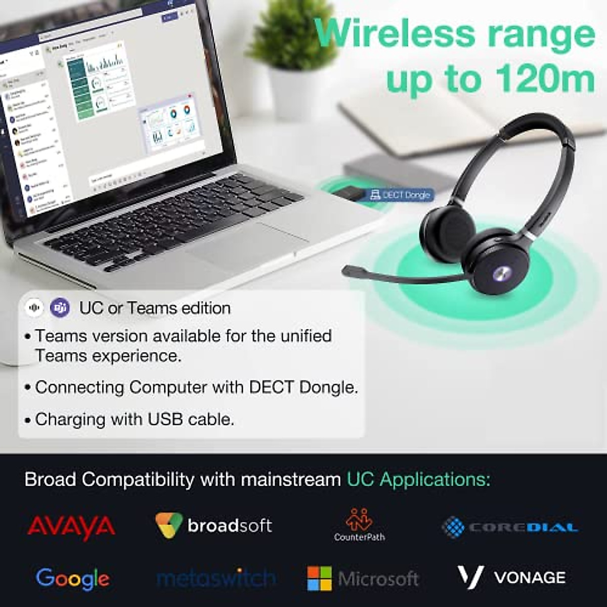 Yealink WH62 Portable Wireless Headset with Dongle Computer Headset with Microphone (for Teams Optimized, WH62 with Dongle)