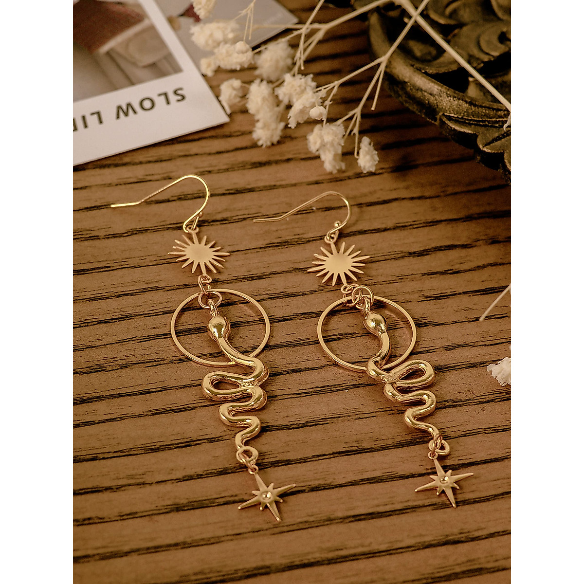Sacina Gothic Sun Star Snake Earrings, Gold-Plated- Brass Snake Sun Star Pendant, Celestial Earrings, Goth Halloween Christmas New Year Jewelry Gift for Women
