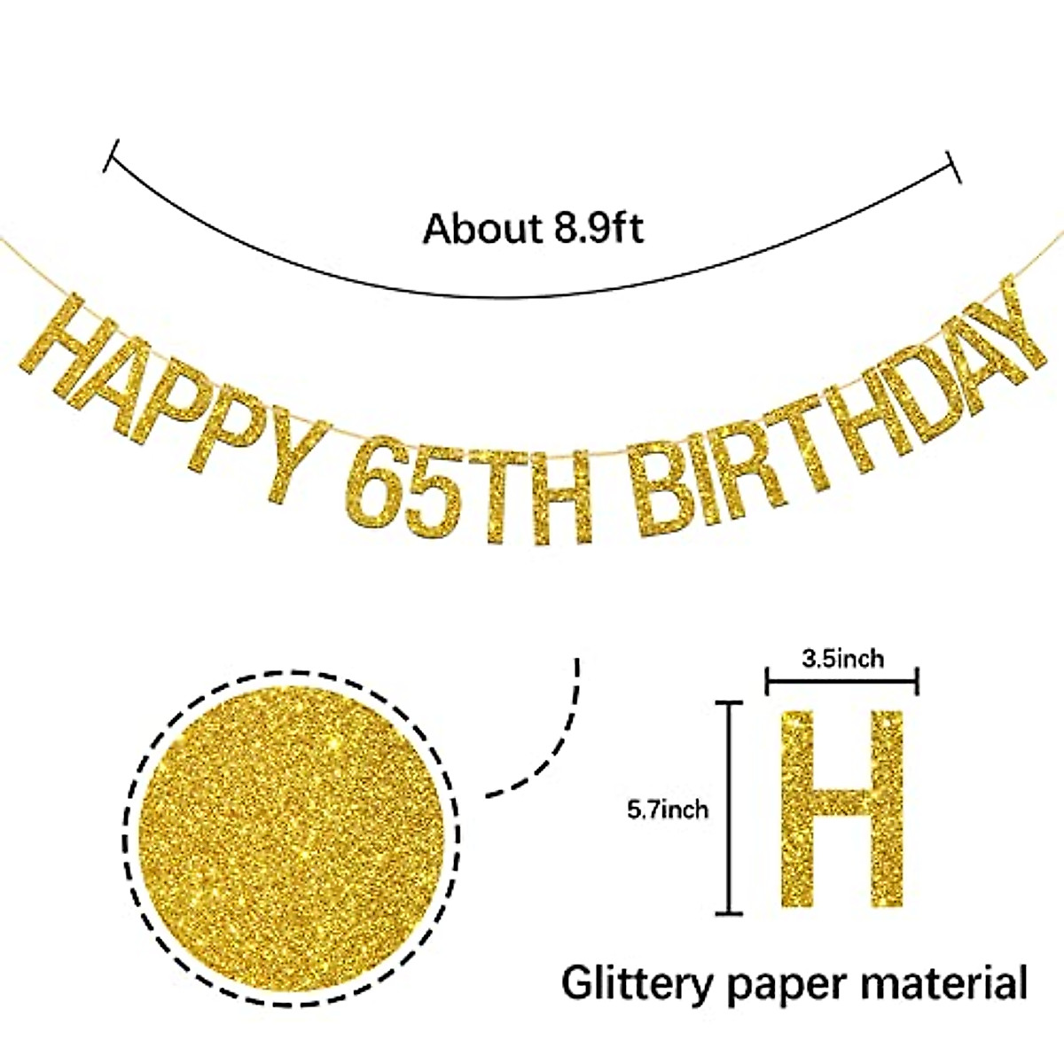 INNORU® Happy 65th Birthday Banner Gold Glitter Letters Hang Bunting - 65th Birthday Party Decorations Supplies