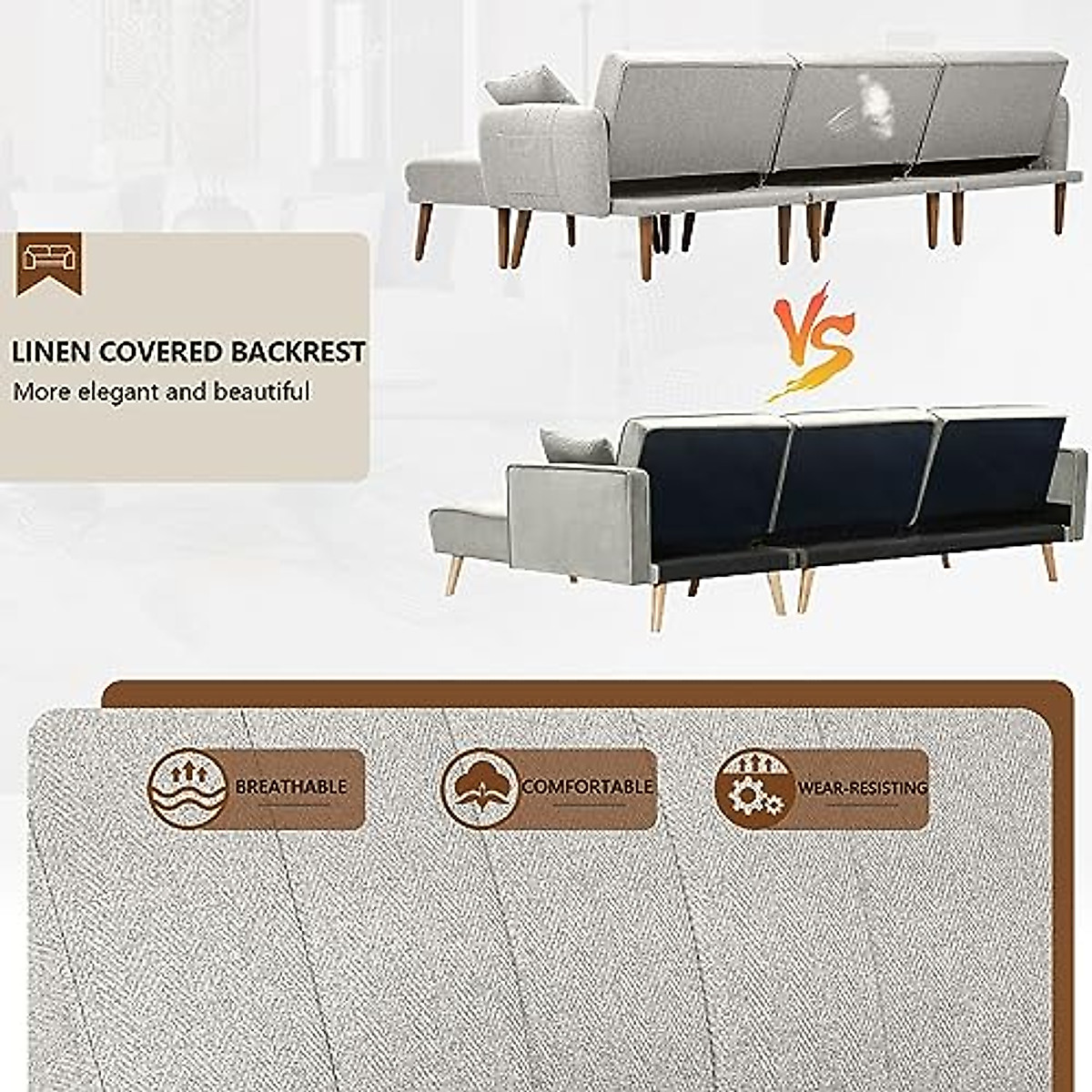 NOBLEMOOD Sectional Sofa Bed, Convertible L-Shaped Couch, Modern 3 Seat Linen Fabric Couch Sofa with Ottoman 3 Pillows Adjustable Backrest for Apartment Living Room (Linen Off Whie)