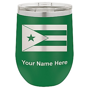 LaserGram Double Wall Stainless Steel Wine Glass Tumbler, Flag of Puerto Rico, Personalized Engraving Included (Green)