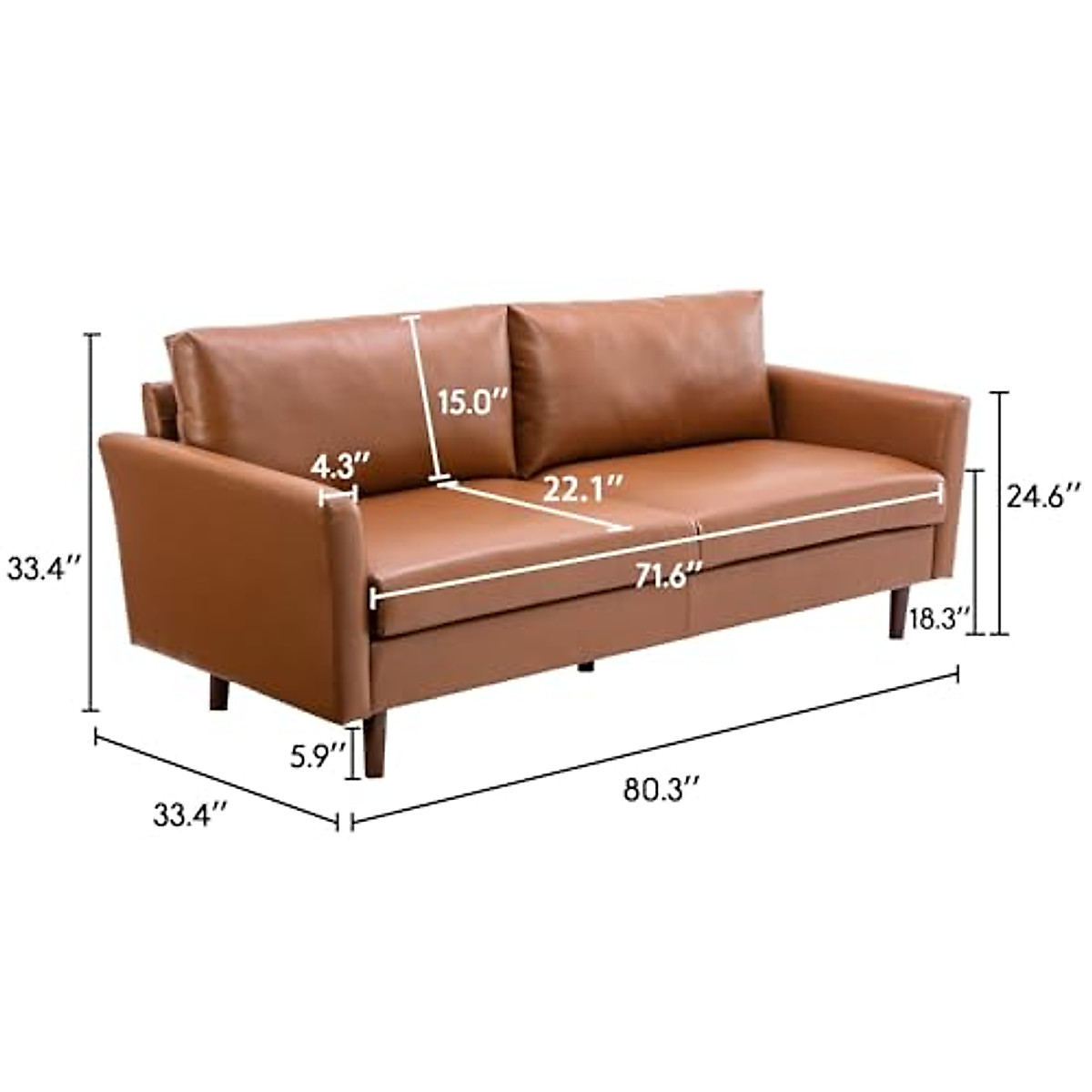 Dreamsir 80'' Faux Leather Sofa, Mid-Century Modern Loveseat Couch with Solid Wooden Frame & Padded Cushions, 3-Seater Sofa Couch for Living Room, Apartment, Lounge Room (Brown)