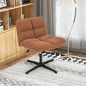 COSTWAY Cross Legged Office Chair, Armless Wide Seat Swivel Desk Chair No Wheels, Height Adjustable Mid Back Computer Task Chair, Modern Faux Lamb Fleece Vanity Chair for Home Office (Brown)