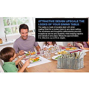 YBM HOME Mesh Basket Utensil Holder & Picnic Silverware Caddy Organizer with Four Compartments and Napkin Storage, Black