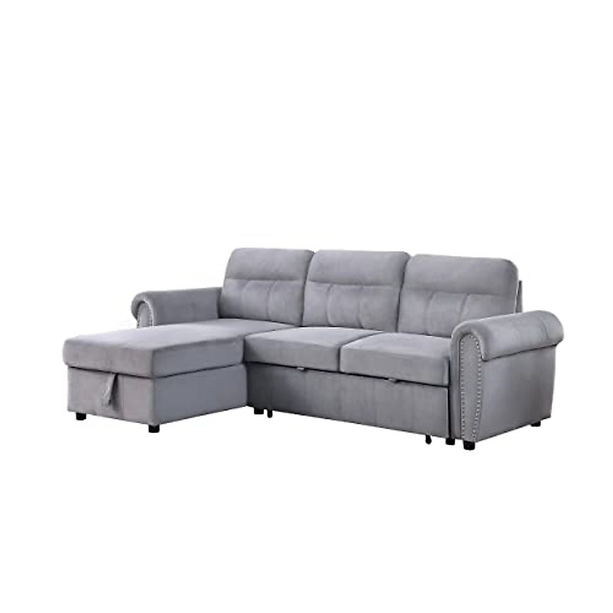 FANYE L-Shaped Oversized Reversible Convertible Tufted Sleeper Sectional Sofa with Pull Out Sleeper Couch Bed,Nailhead Decor Armrests and Storage Chaise for Living Room, Grey Velvet Sofabed