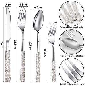Bling Silverware Set Stainless Steel Rhinestones Knife Fork and Spoon Set Glitter Travel Cutlery Flatware Dinnerware Utensils Tableware Sets for Wedding Birthday Party Gift Silver