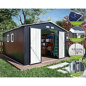 VanAcc 10x12x7.5 FT Outdoor Storage Shed, Galvanized Steel Metal Garden Sheds Kit with 2 Light Transmitting Window and Double Lockable Door, Oversized Tool Sheds for Backyard Patio Dark Grey/White