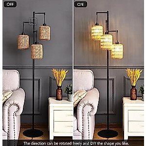 QIYIZM Floor Lamp for Living Room,Bedroom,3-Lights Boho Rattan Tree Floor Lights,Industrial Black Farmhouse Standing Lamp Wicker Rustic Adjustable Tall Lamp,Woven Bamboo LampShade Floor Lamps Bohemian