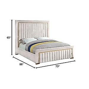 Meridian Furniture Dolce Collection Modern | Contemporary Velvet Upholstered Bed with Luxurious Channel Tufting and Gold Metal Trim/Legs, Queen, Cream