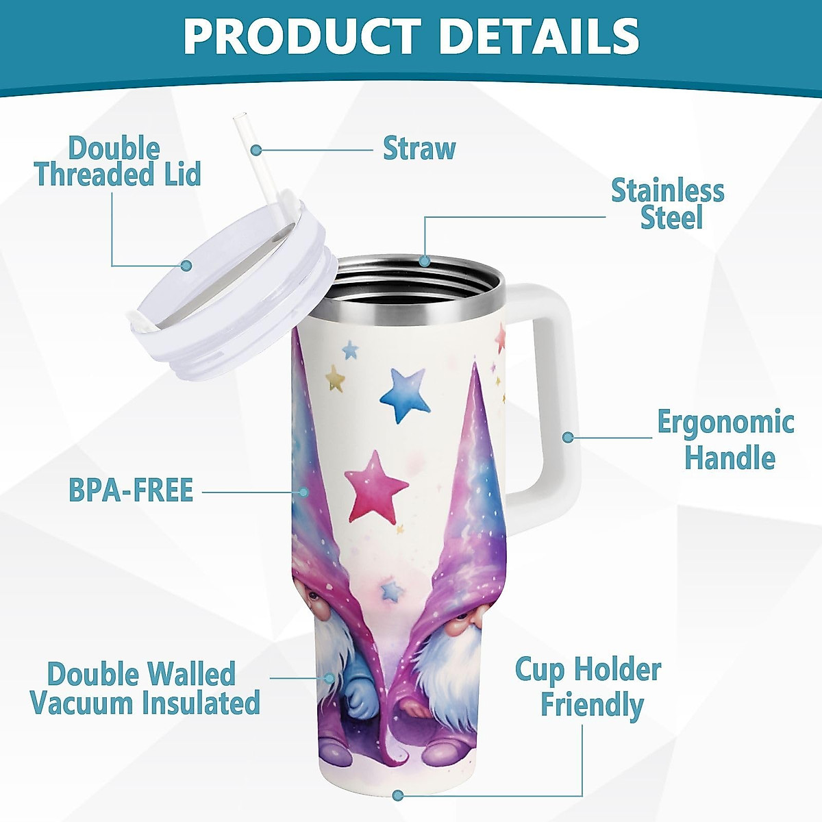 FLildon 40oz Tumbler with Handle and Straw Lid, Cute Gnomes Insulated Coffee Mug Stainless Steel Water Bottle Leakproof Vacuum Travel Coffee Cup