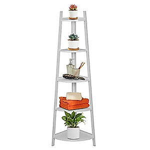 Magshion 5 Tier Bamboo Corner Storage Display Rack Shelves Kitchen Bath Plant Stand (White)