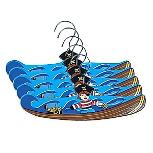 Kidorable Pirate Ship Fun Brown/Blue Hand Crafted Wooden Hangers for Boys, Set of 5, 14 Inches