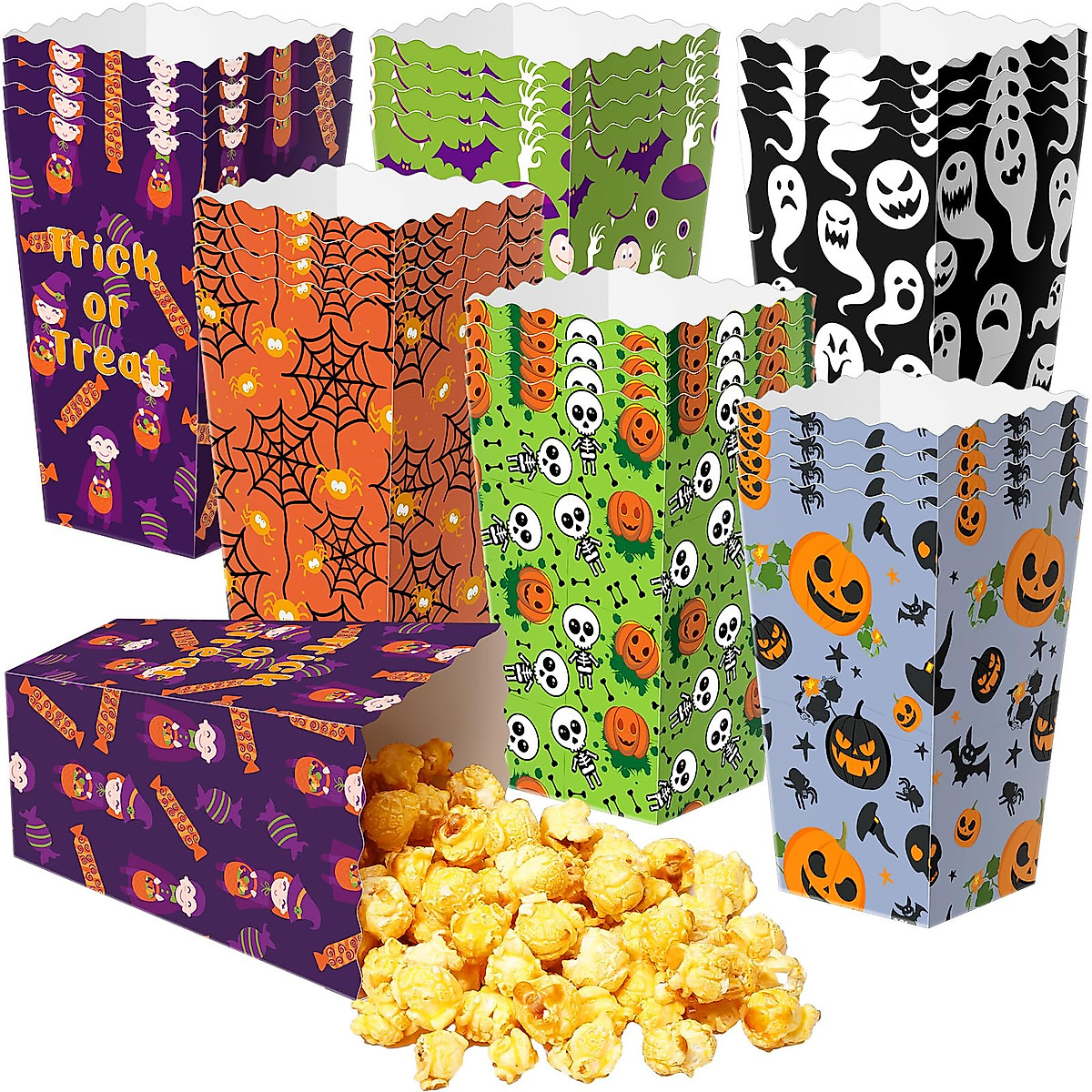 Roshtia 24 Pcs Halloween Theme Party Popcorn Favor Boxes in 6 Designs Trick or Treating Snack Treat Box Candy Cookie Container Event Party Favor Supplies, Halloween Snacks (Figure)
