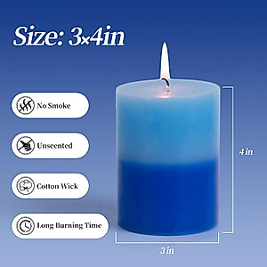 KONNI Blue Layered Pillar Candles Set of 3, 3"x 4" Unscented Pillar Candles Bulk, 39 Hours Long Burning Candles, Smokeless&Dripless Large Round Candle for Wedding, Home Decoration, Parties, Dinner