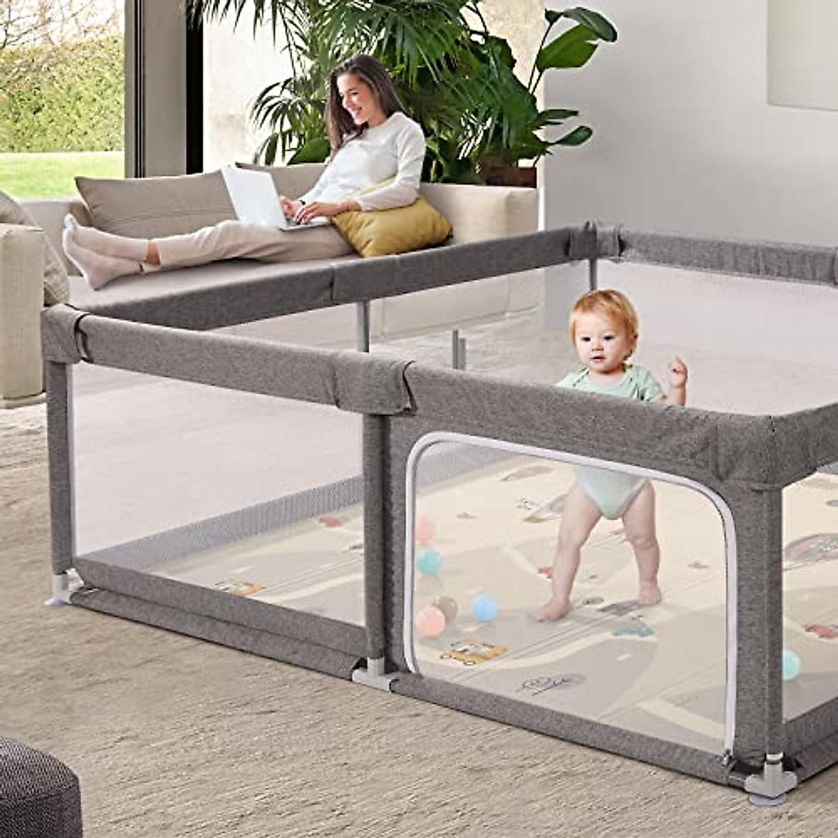 UANLAUO Baby Playpen, Baby Playard, Baby Play Yard, Large Play Pens for Babies and Toddlers, BPA-Free, Non-Toxic, Safe No Gaps (Gray, 59x71inch（with mat)