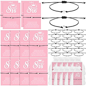 Misdary 25 Sets Sweet 16 Favors for Guests Include 13 Wish Bracelets with Heart Charm 12 Star Charm Adjustable Bracelets with Thank You Cards 16th Birthday Party Favors 16 Years Birthday Supply
