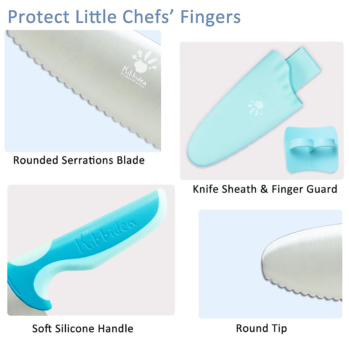 Kibbidea 4 Pcs kids knife set for real cooking, Kids First Cutting Knife Set, Round Tip Kids Friendly Kitchen Knife, BPA-free Stainless Steel Kids Chef Knife to Learn to Cook (Blue)