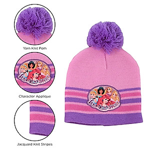 Disney Girls Princess Winter Hat, Scarf, & Kids Gloves Set For Ages 4-7, Pink/Purple