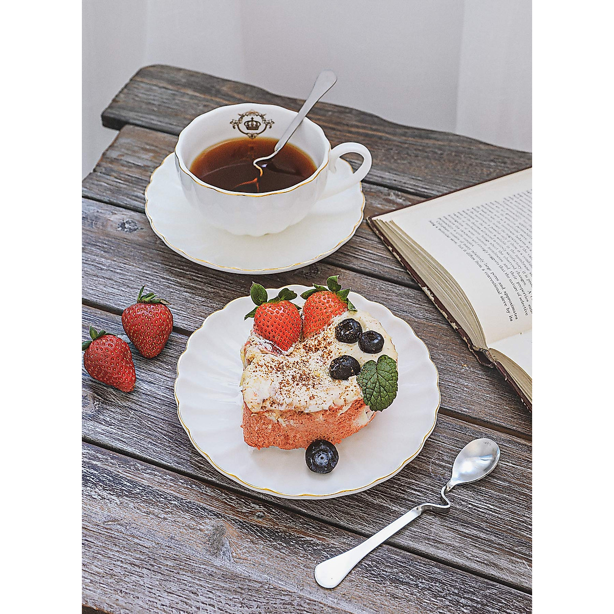 Amazingware Royal Tea Cups and Saucers, with Gold Trim and Gift Box, British Coffee Cups, Tea Cup Set, Porcelain Tea Set, Cappuccino Cups, Latte Cups, Set of 6 (8 oz)- White