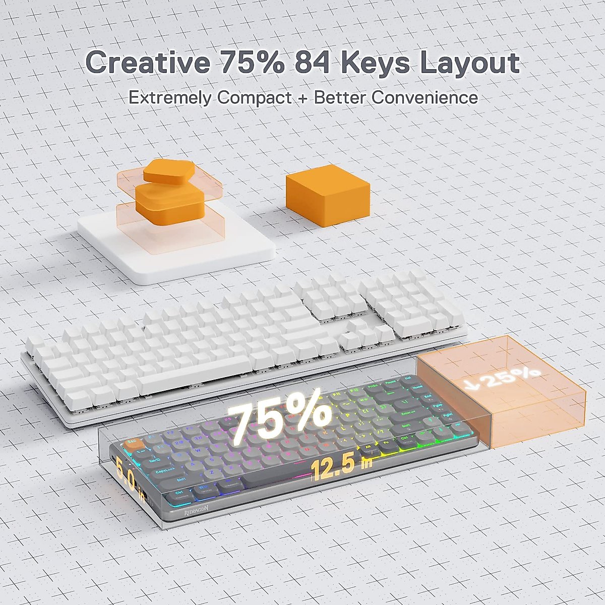 Redragon K652 75% Wireless RGB Mechanical Keyboard, Tri-Mode 84 Keys Ultra-Thin Gaming Keyboard w/Aluminum Top Plate, 100% Supported Win/Mac System & Low Profile Brown Switch