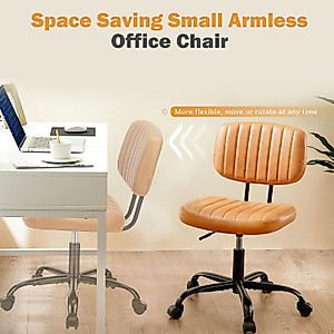 Armless Desk Chair - Small Home Office Chair with Wheels, PU Leather Low Back Task Chair with Lumbar Support, Adjustable Height 360° Rolling Swivel Computer Chair without Arm for Small Space