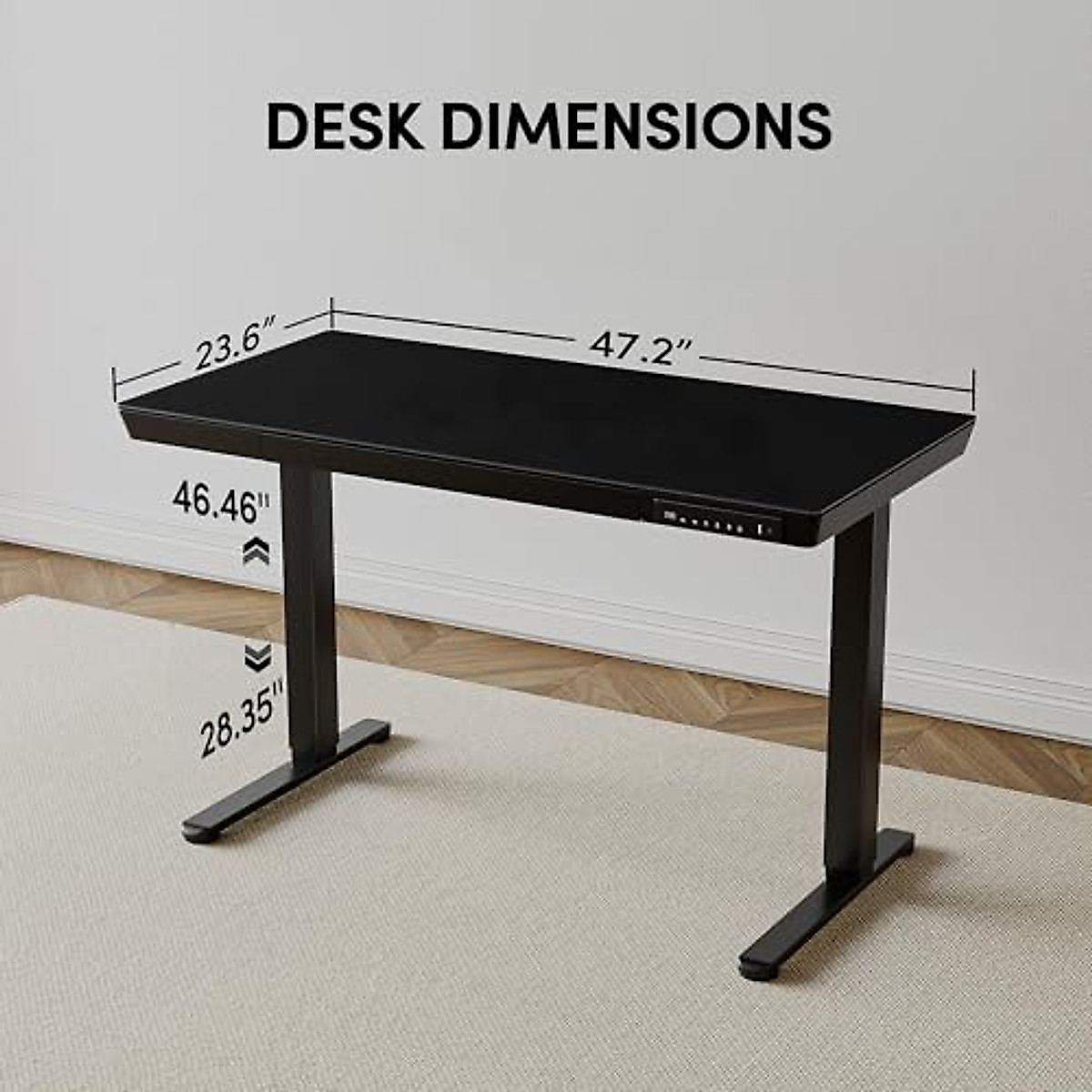 BANTI Electric Standing Desk with Drawers, 48 inch Whole-Piece Glass Desktop, Height Adjustable Stand up Sit Stand Home Office Ergonomic Workstation, Black Tabletop