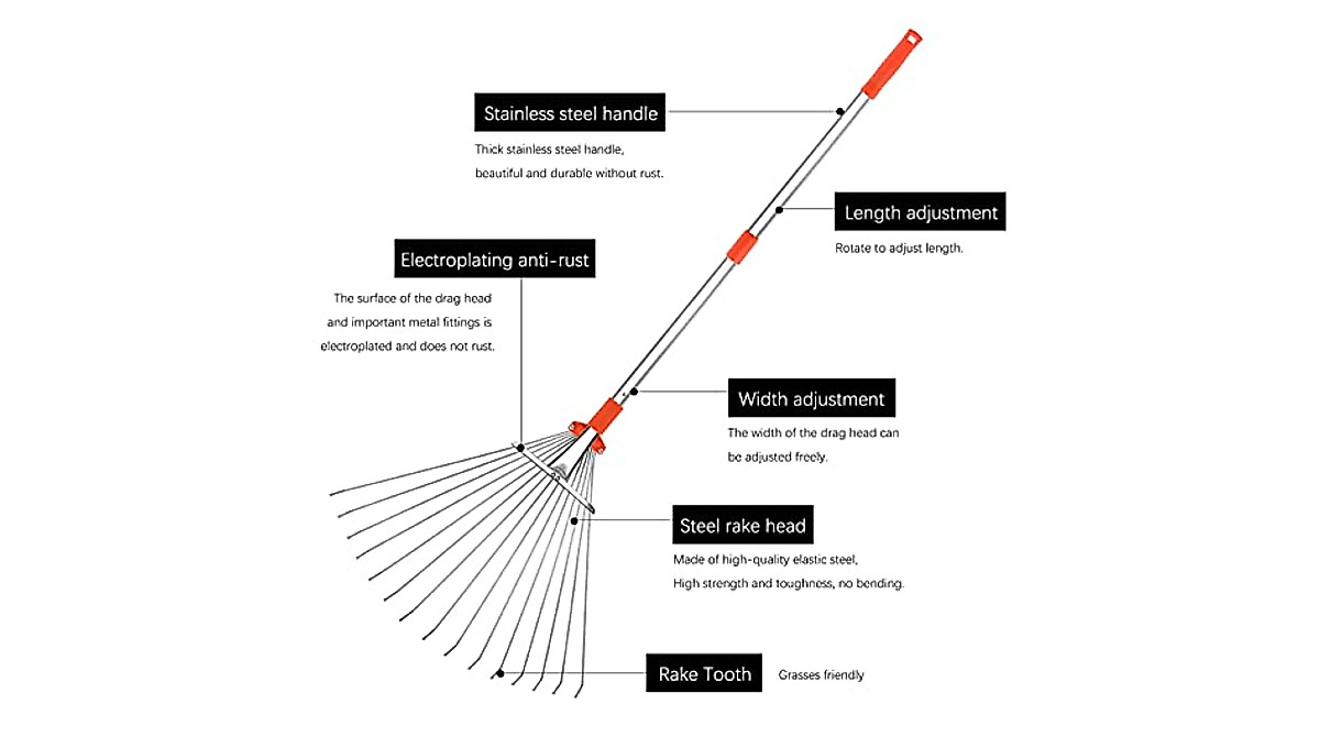 Buyplus Adjustable Garden Leaf Rake - 24 to 63 Inch Telescopic Metal ...