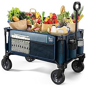 TIMBER RIDGE Heavy Duty Collapsible Wagon Cart with Side Pocket and Cup Holders, Folding Utility Wagon for Garden, Sports, Shopping and Camping, Navy