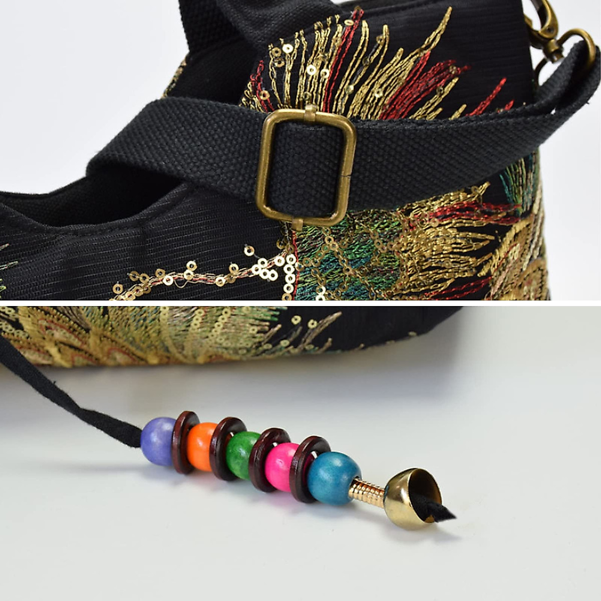 Women Vintage Sequins Peacock Handbag - Ethnic Embroidery with Pendants (black)