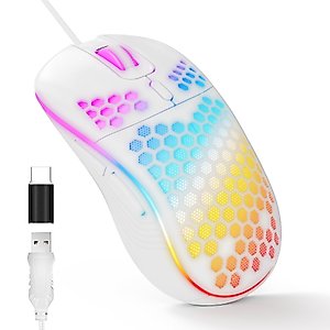 MELOGAGA Honeycomb Wired Gaming Mouse, USB/USB-C PC Game Mice with RGB Backlight, 6 Programmable Buttons, 6 Adjustable DPI Up to 7200 for Windows/PC/Mac/Laptop Gamer -White